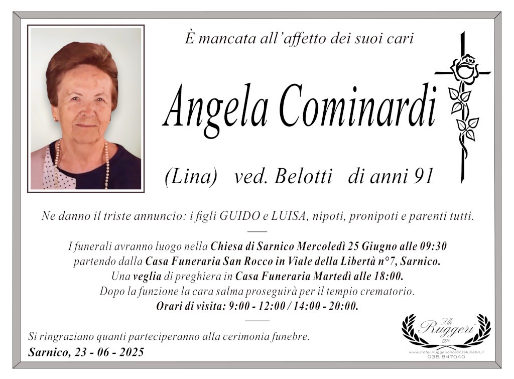 Angela Cominardi | Sarnico | Necrologi F.lli Ruggeri
