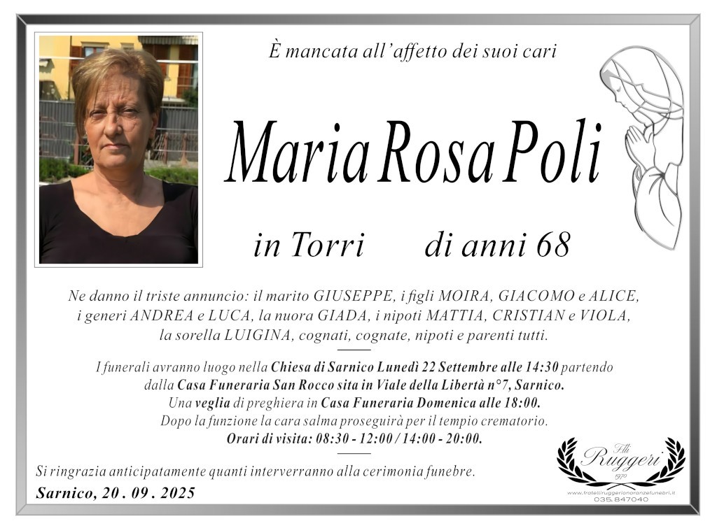 Necrologio di Maria Rosa Poli | Sarnico | Onoranze Ruggeri