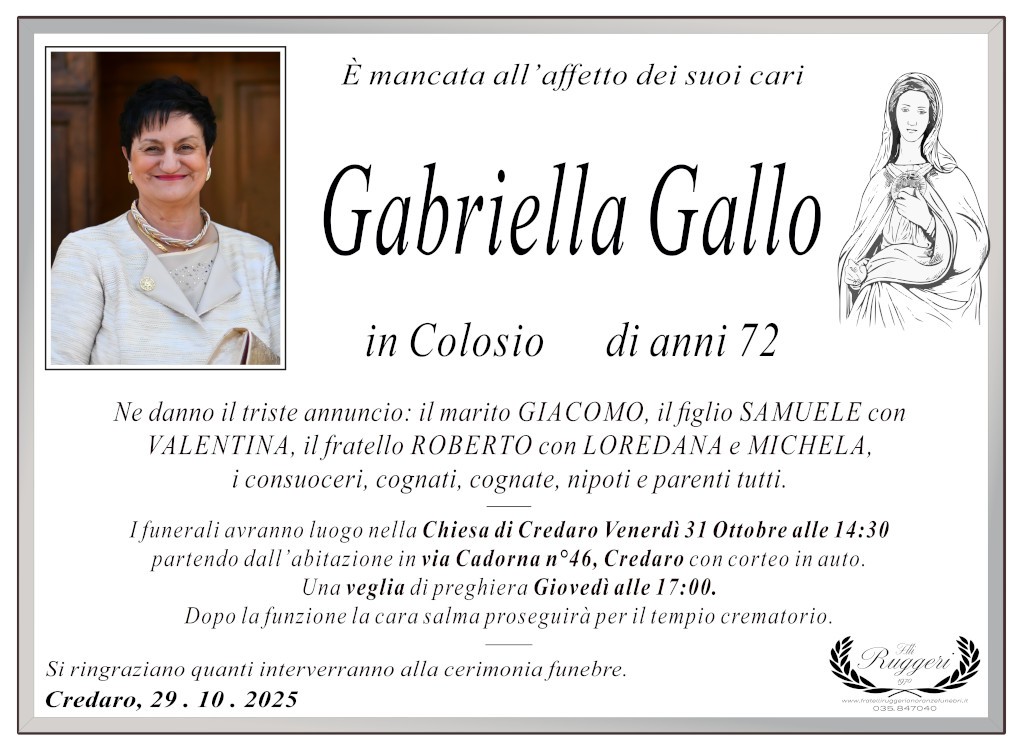 Necrologio di Gabriella Gallo | Credaro | Onoranze Ruggeri