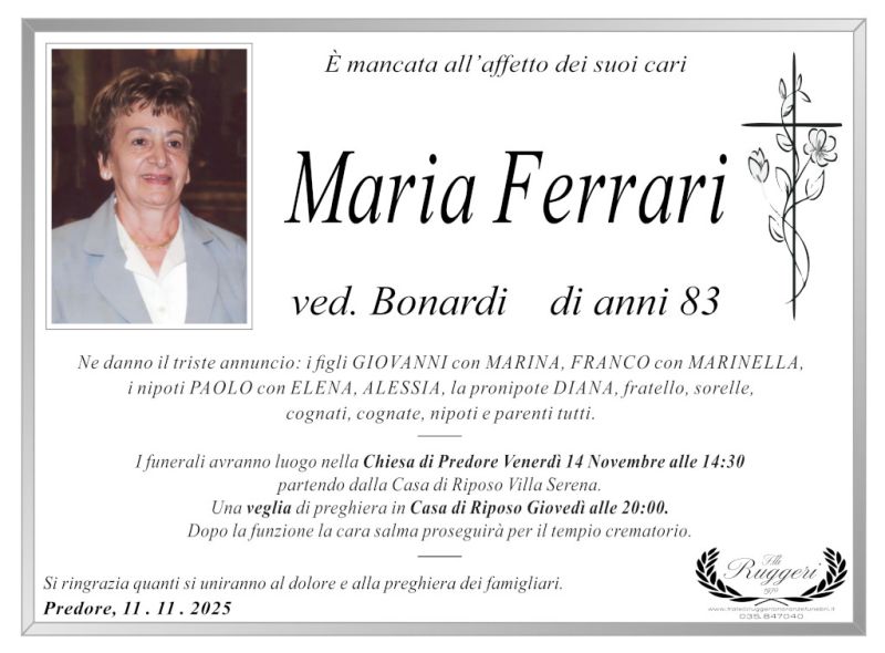 Necrologio di Maria Ferrari | Predore | Onoranze Ruggeri