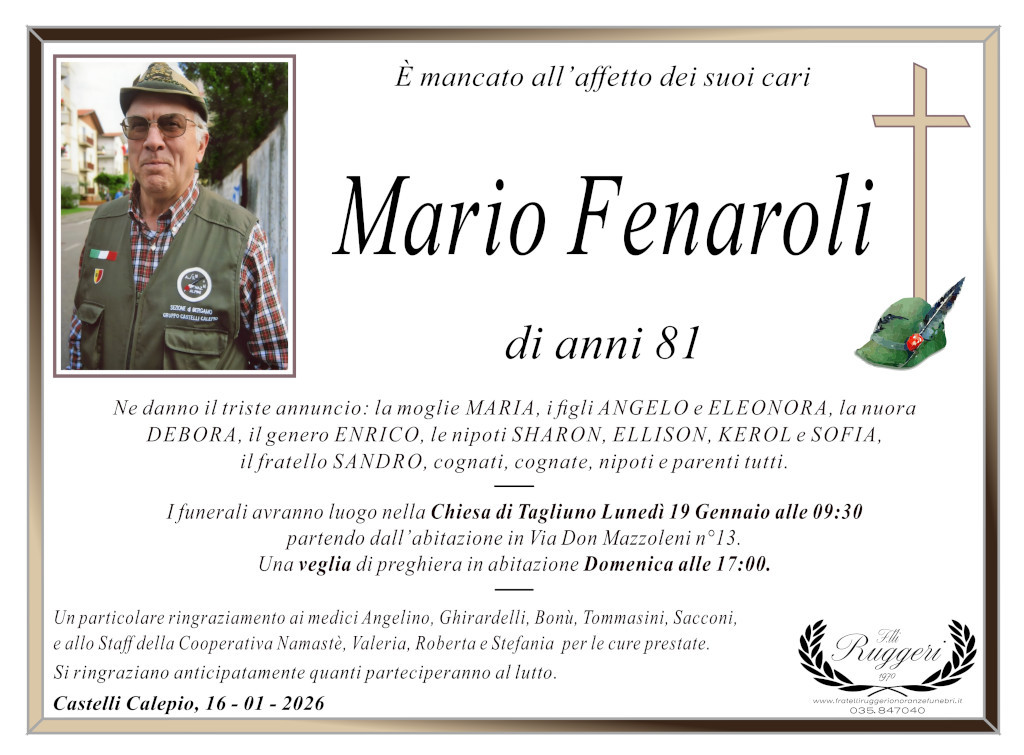 Necrologio di Mario Fenaroli | Castelli Calepio | Onoranze Ruggeri
