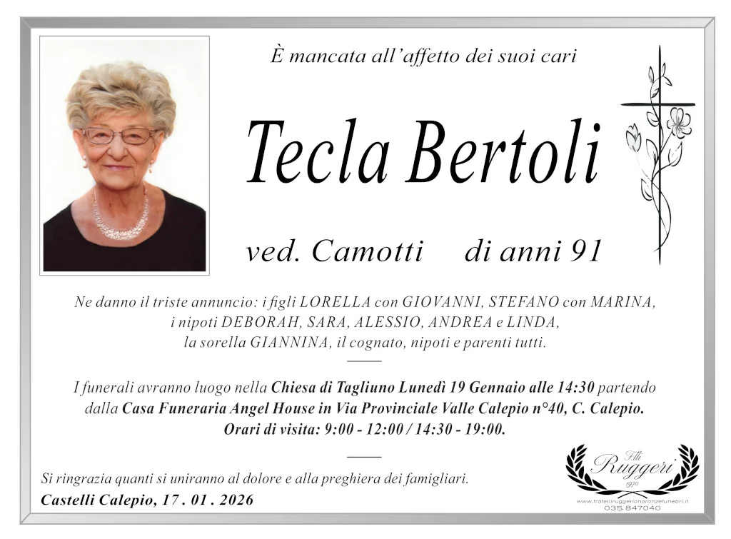 Necrologio di Tecla Bertoli | Castelli Calepio | Onoranze Ruggeri